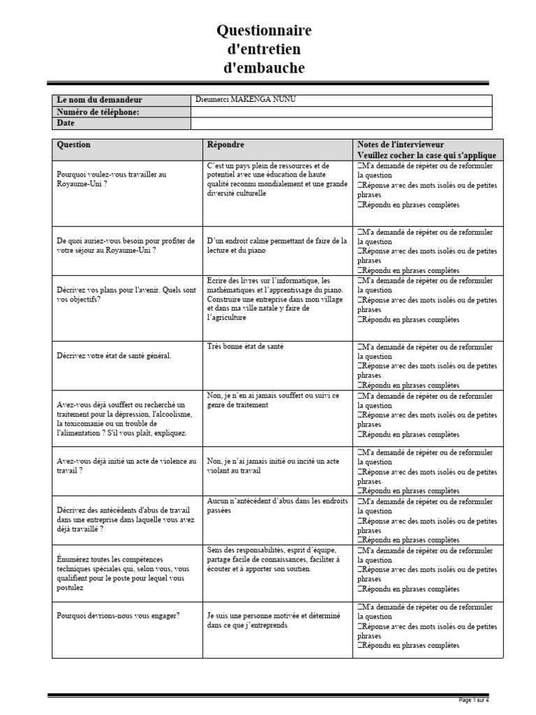 Questionnaire d'entretien d'embauche | PDF