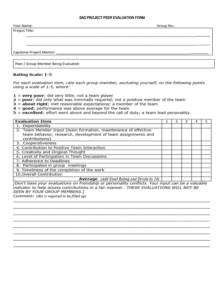Peer Evaluation Form for Capstone Projects | PDF | Psychology | Social Psychology