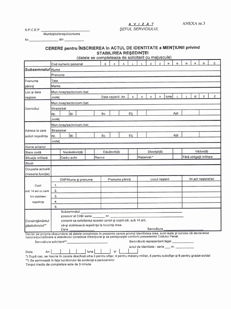 Anexa 3 Cerere Pentru Inscrierea in Actul de Identitate A Mentiunii Privind Stabilirea ...