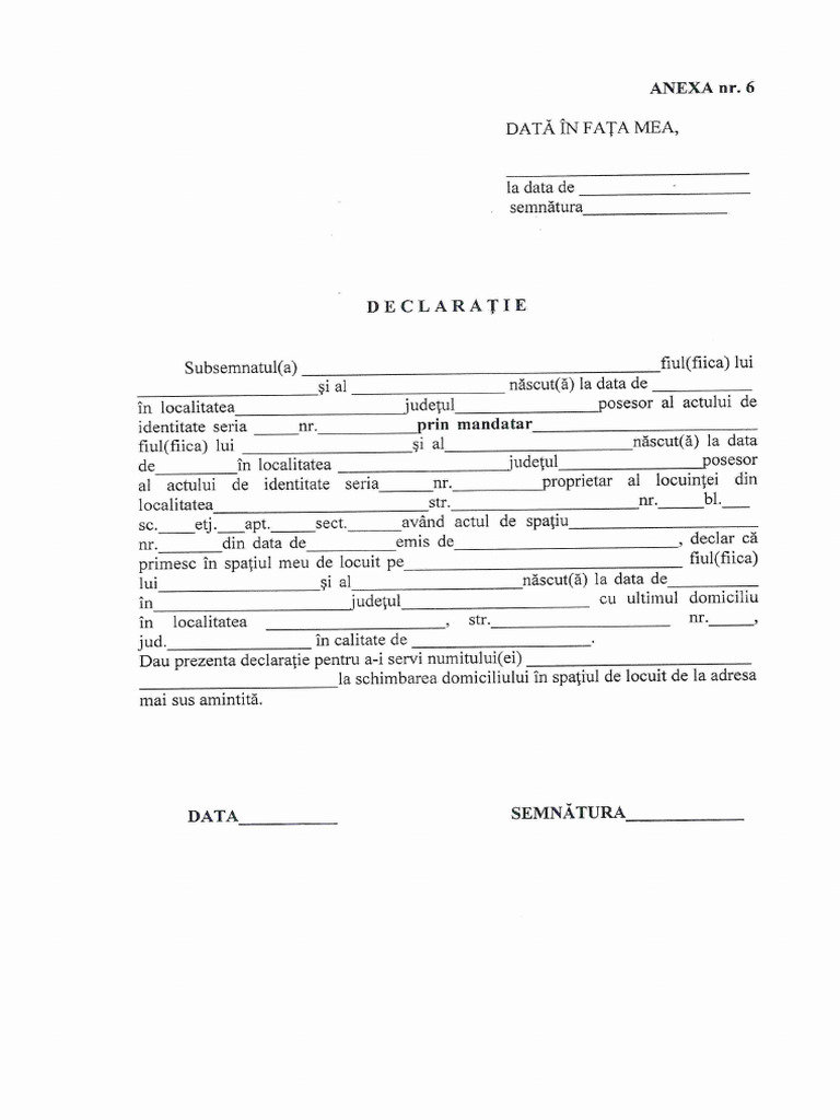 Anexa 6 Declaratie de Primire in Spatiu Prin Mandatar | PDF