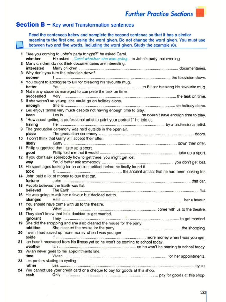 FCE Use of English 2 - Further Practice Sections B | PDF