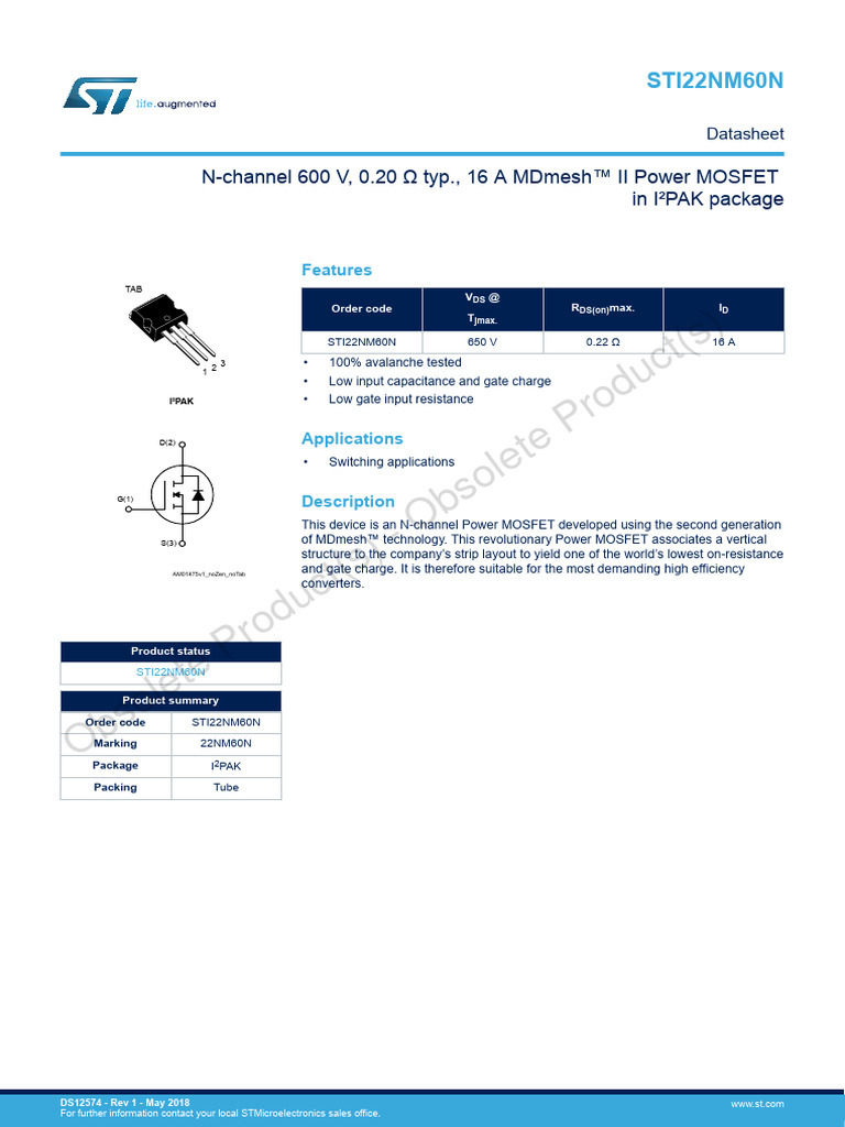 Sti 22 NM 60 N | PDF | Field Effect Transistor | Mosfet