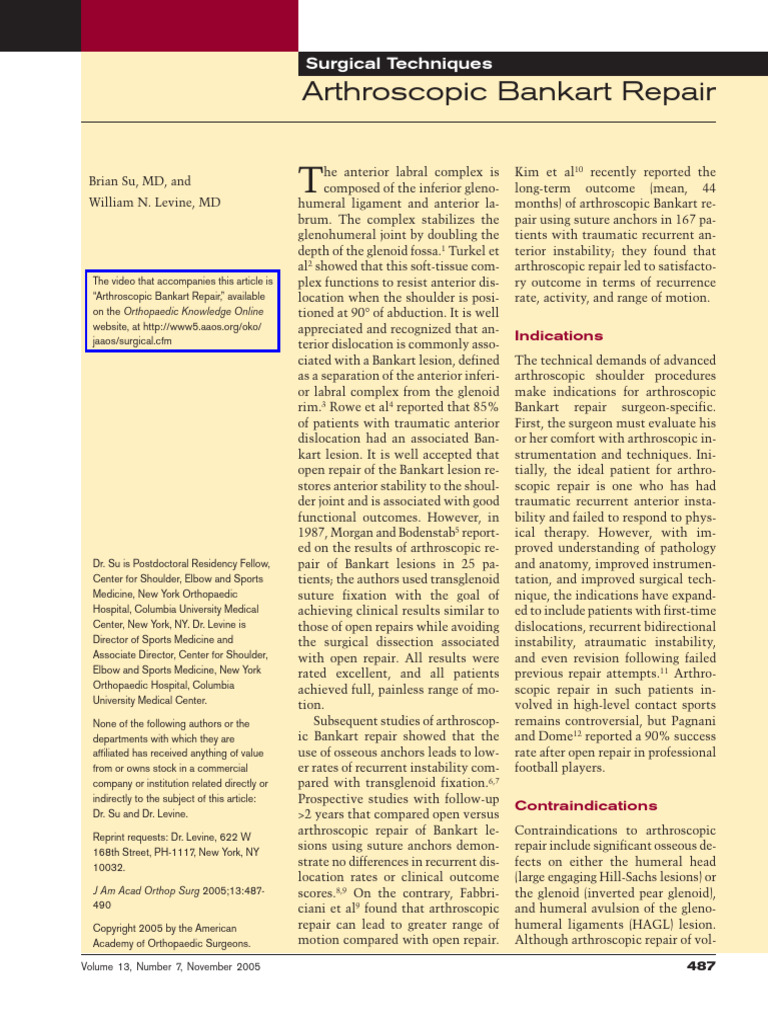 Arthroscopic Bankart Repair (Surgical Techniques) | PDF ...