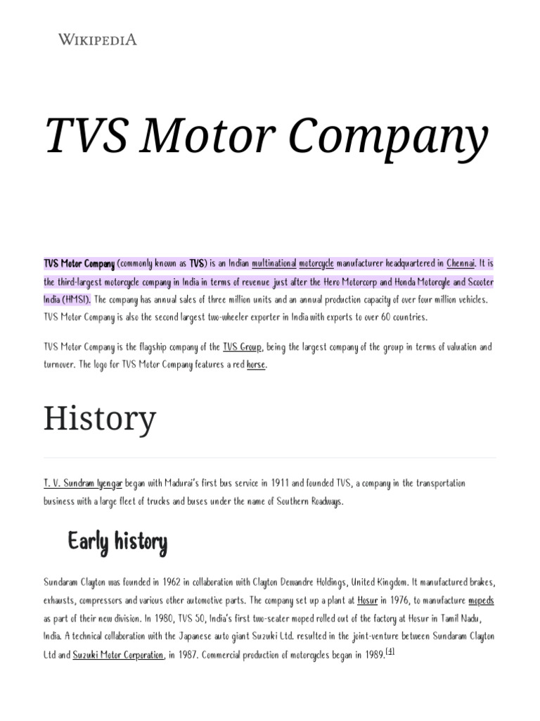 TVS Motor Company - Wikipedia | PDF | Motorcycling | Motor Vehicle