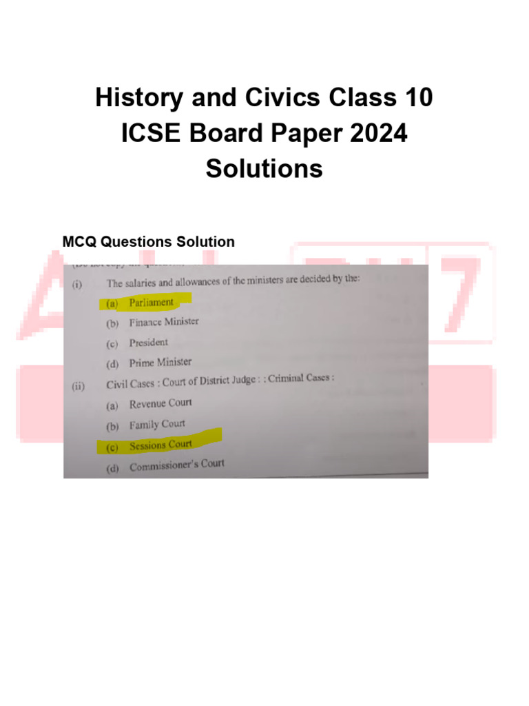 ICSE Class 10 History Civics Question Paper 2024 PDF Download | PDF | British Raj | Indian ...