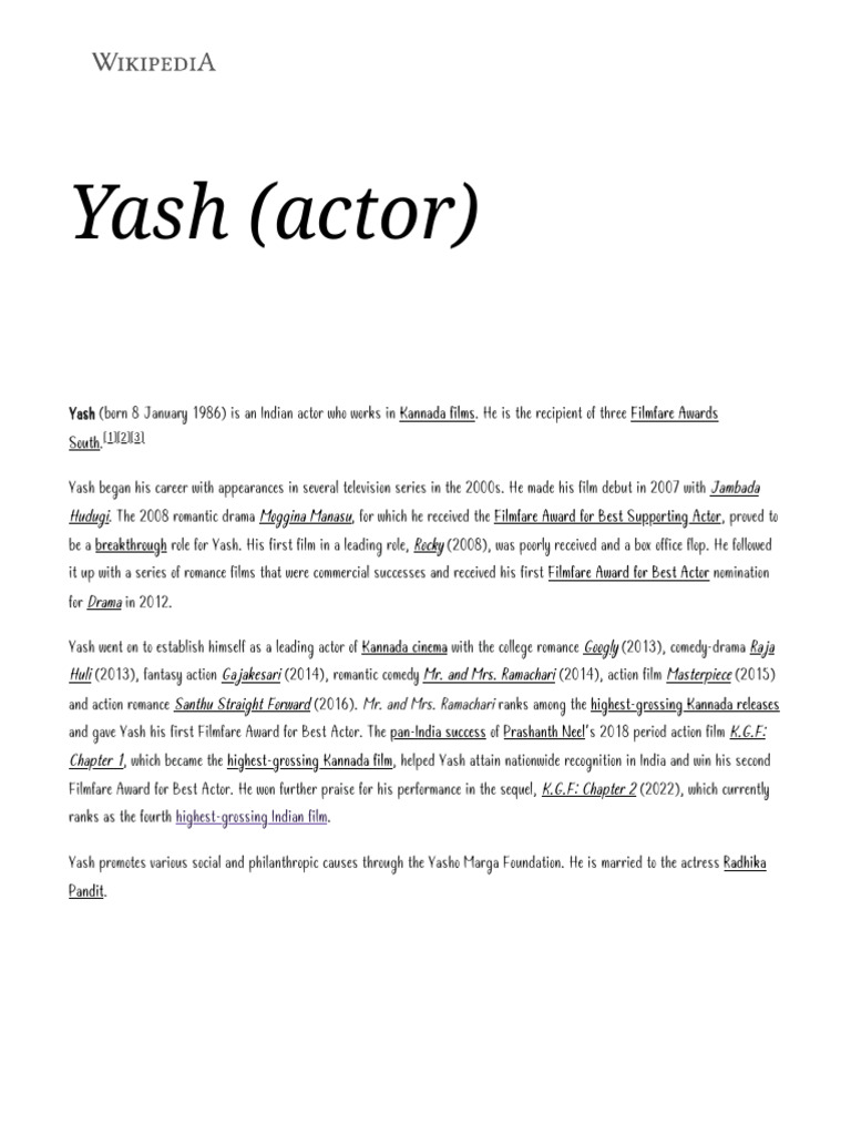 Yash (Actor) - Wikipedia | PDF
