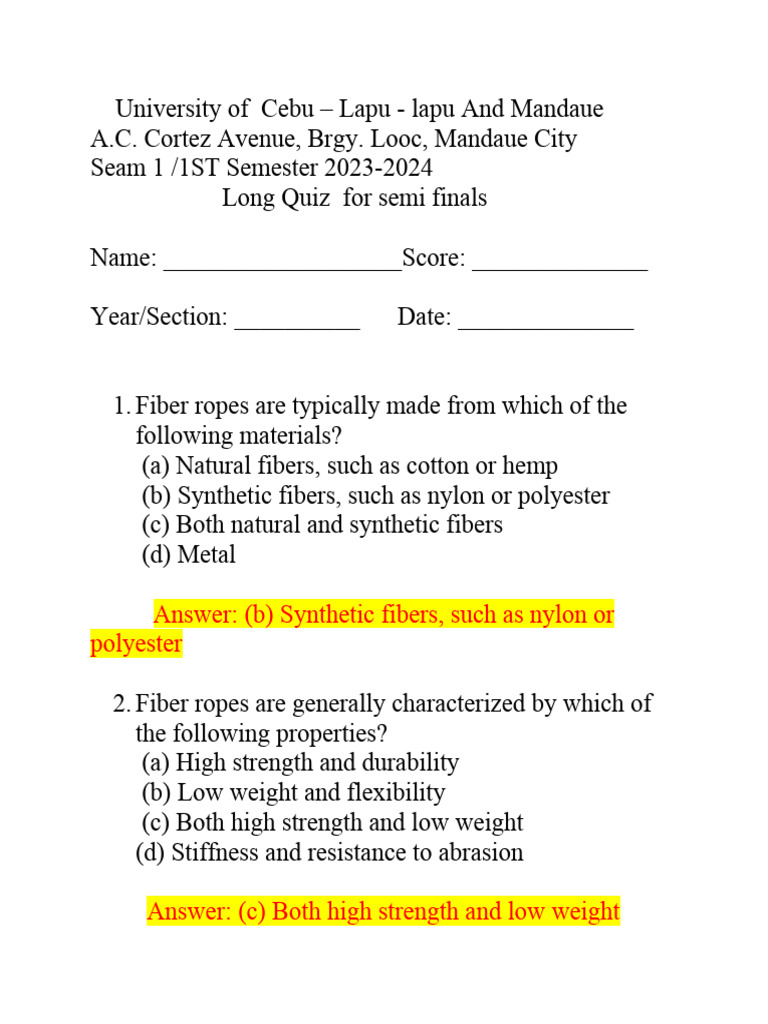 Seam 1 Long Quiz With Ans. For Semi Finals | PDF | Rope | Wire
