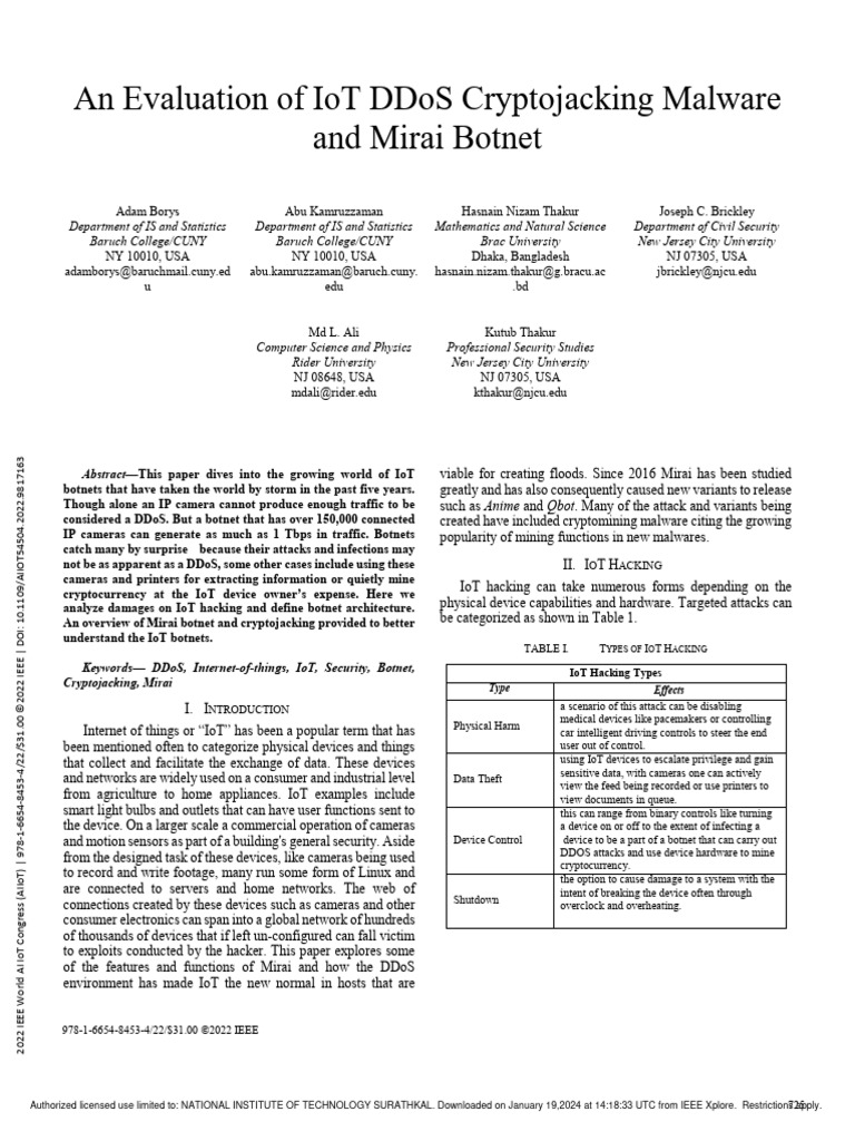 An Evaluation of IoT DDoS Cryptojacking Malware and Mirai Botnet | PDF | Internet Of Things ...