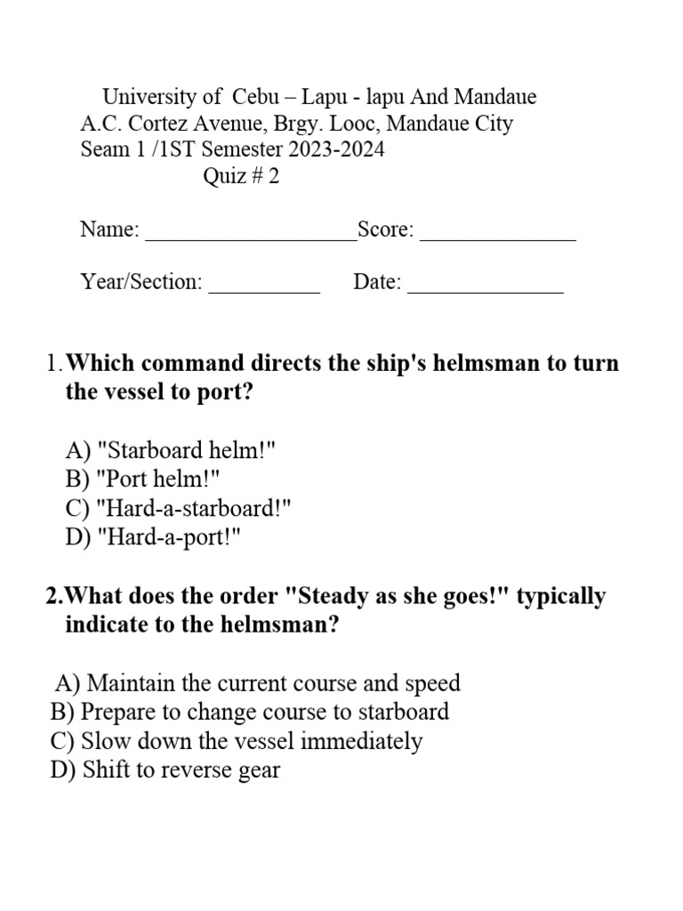 Seam 1 Quiz 2 For Finals | PDF | Watercraft | Ships