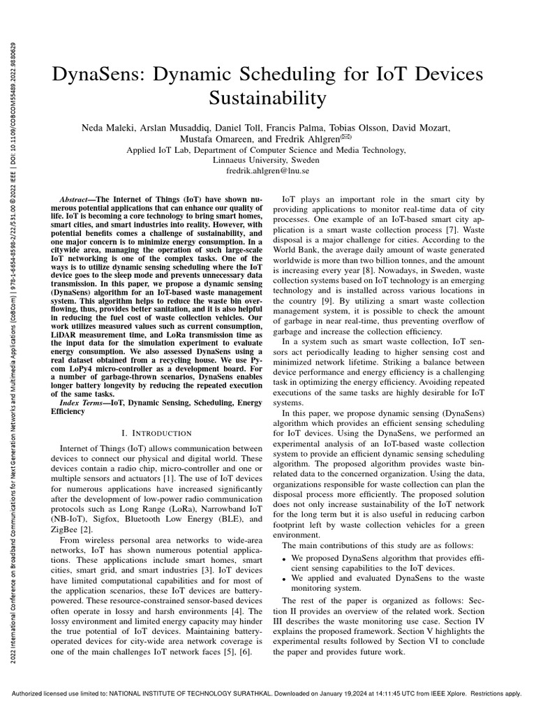 DynaSens Dynamic Scheduling For IoT Devices Sustainability | PDF | Internet Of Things | Lidar