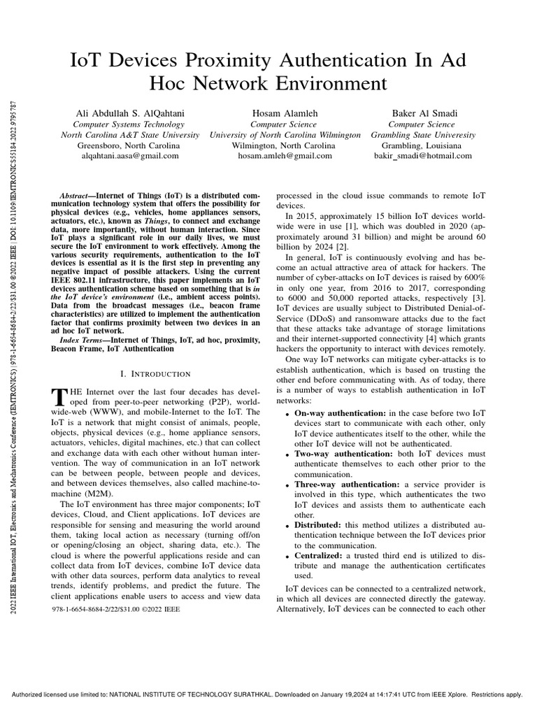 IoT Devices Proximity Authentication in Ad Hoc Network Environment | PDF | Internet Of Things ...