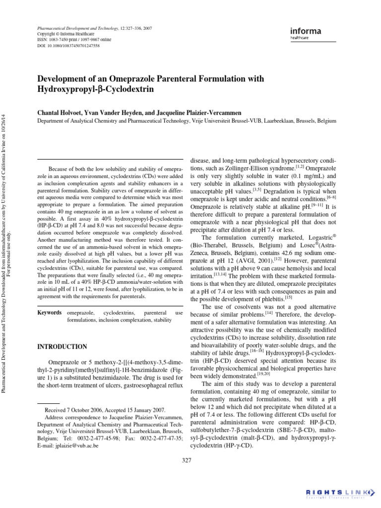 Development of an Omeprazole Parenteral Formulation with Hydroxypropyl ...