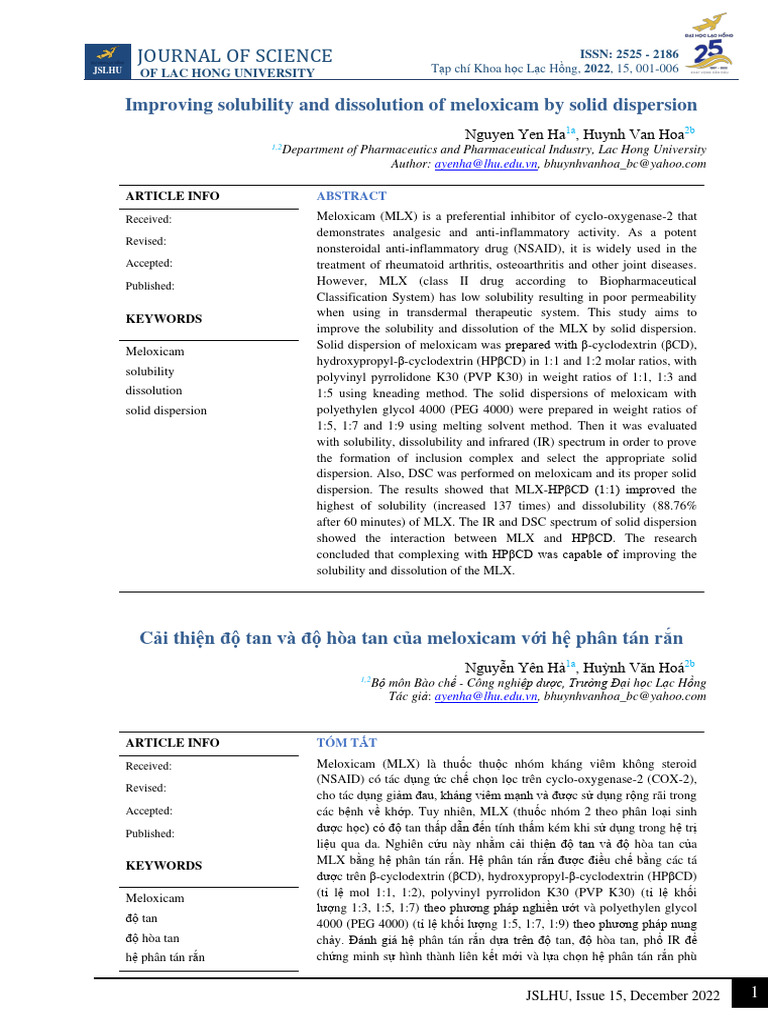 NCKH - Cải thiện độ tan và độ hòa tan của meloxicam với hệ phân tán rắn | PDF | Drugs | Chemical ...