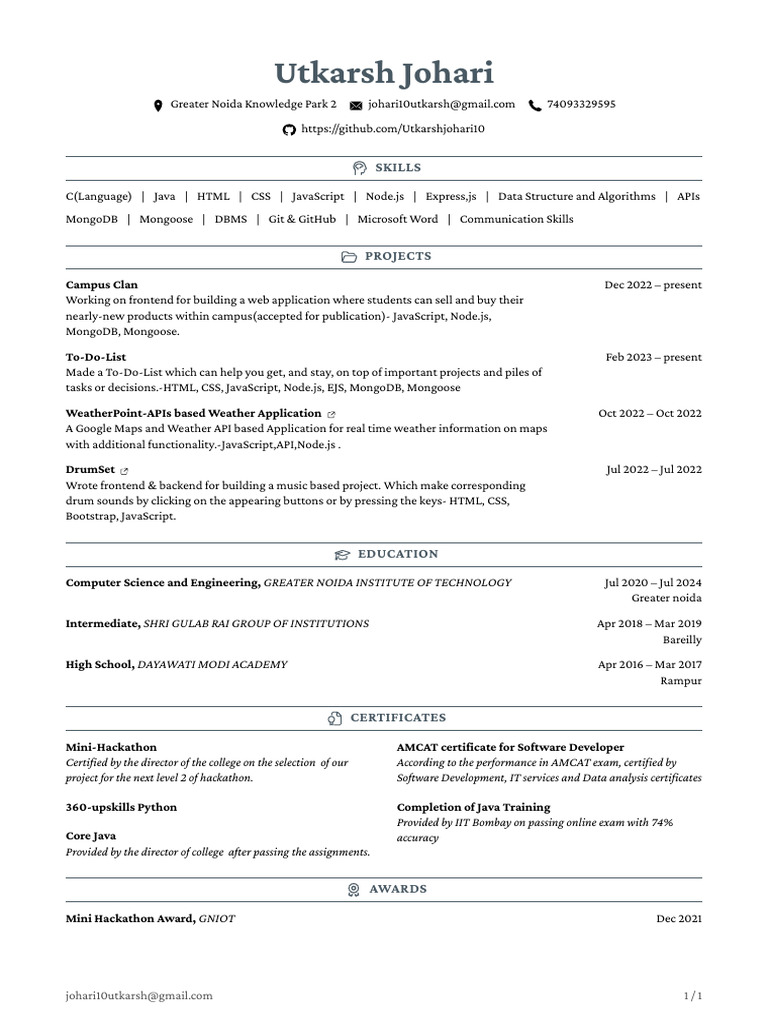 Utkarsh - Johari - Resume - 08 05 2023 12 05 43 1 | PDF | Java Script | Application Software