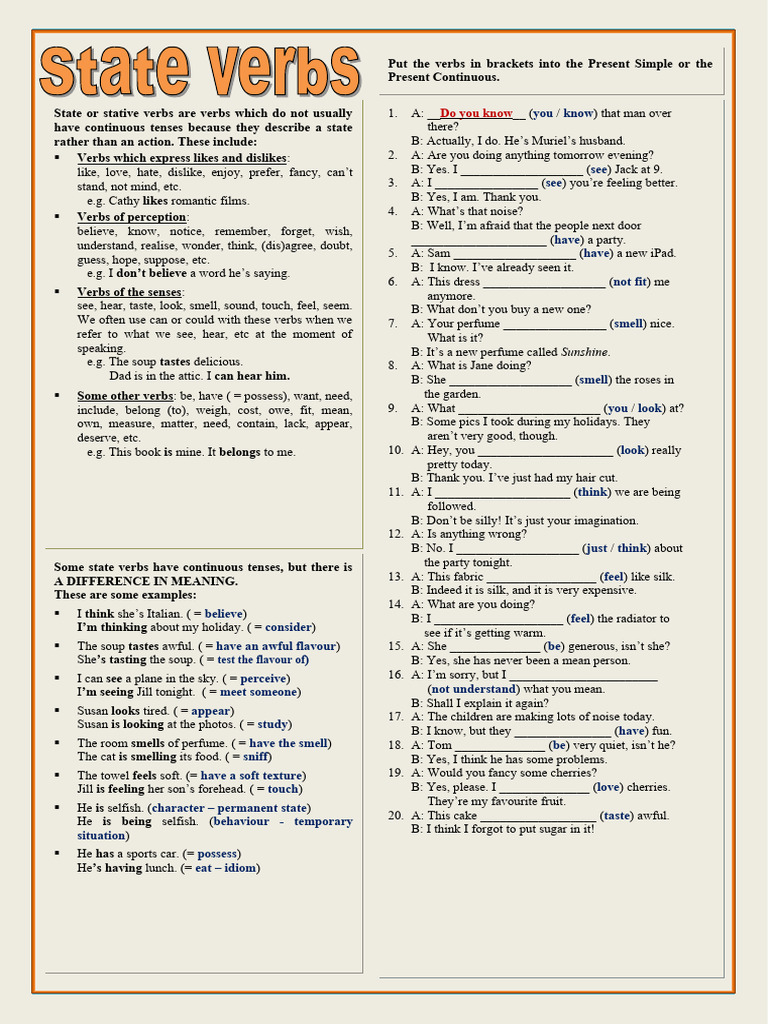 Stative or State Verbs Grammar Drills Grammar Guides Information Gap ...