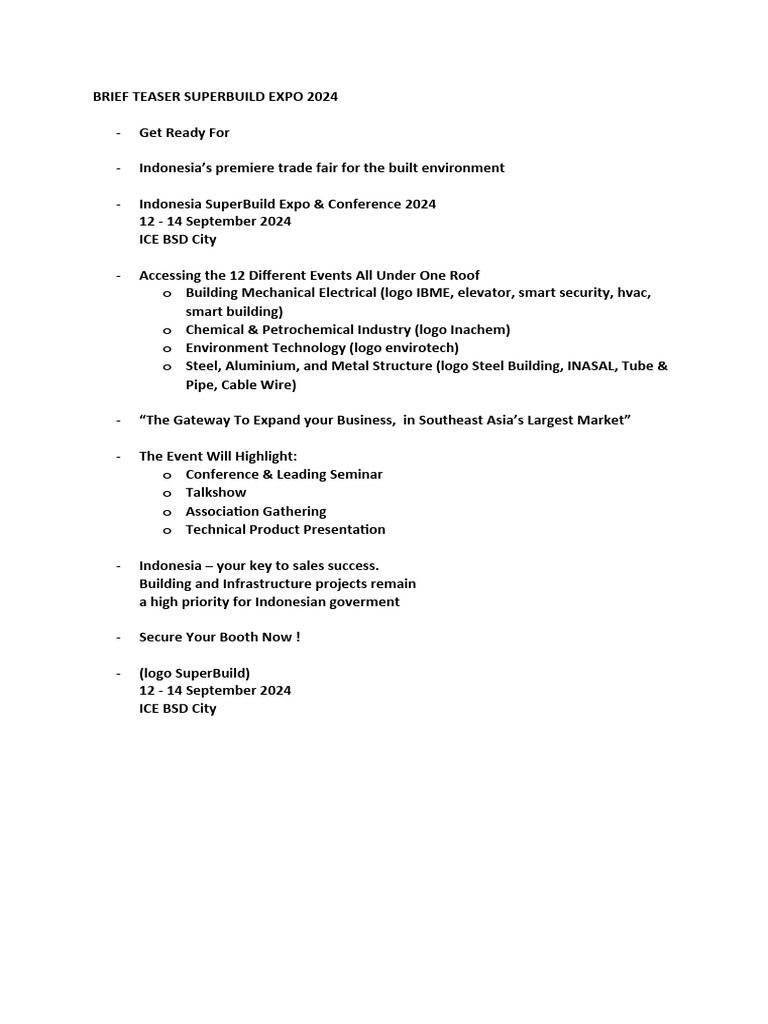 Indonesia SuperBuild Expo 2024 Guide | PDF | Technology & Engineering