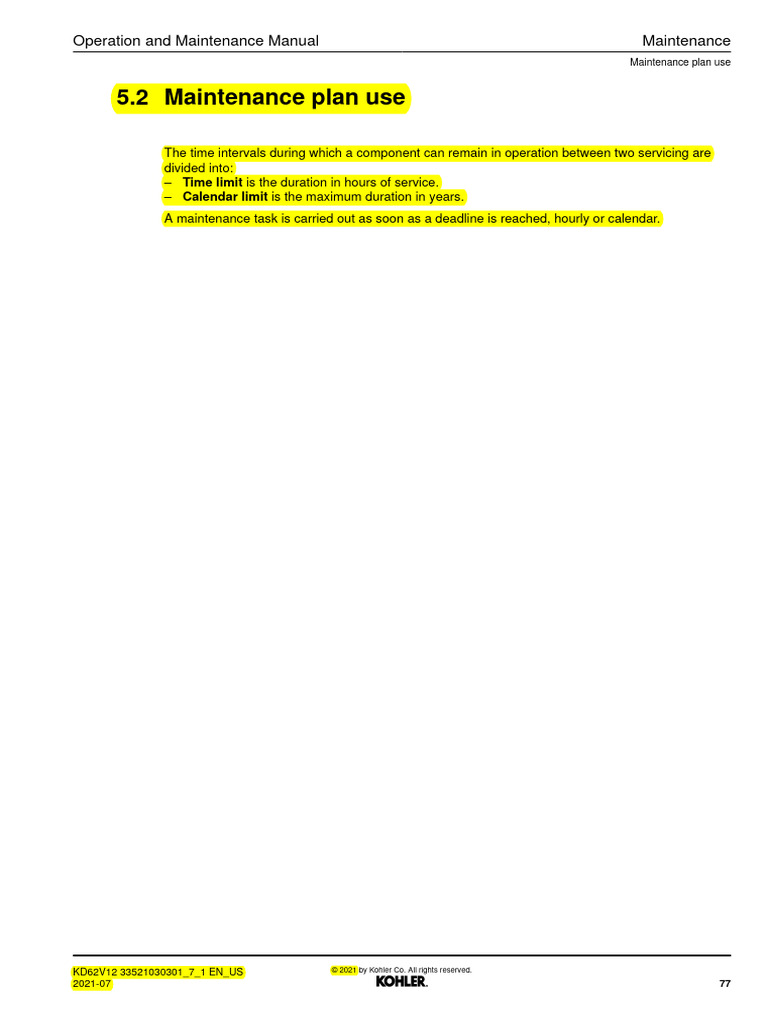 Excerpt KD62V12 Engine Operation Manual - Maintenance Intervals Standby ...