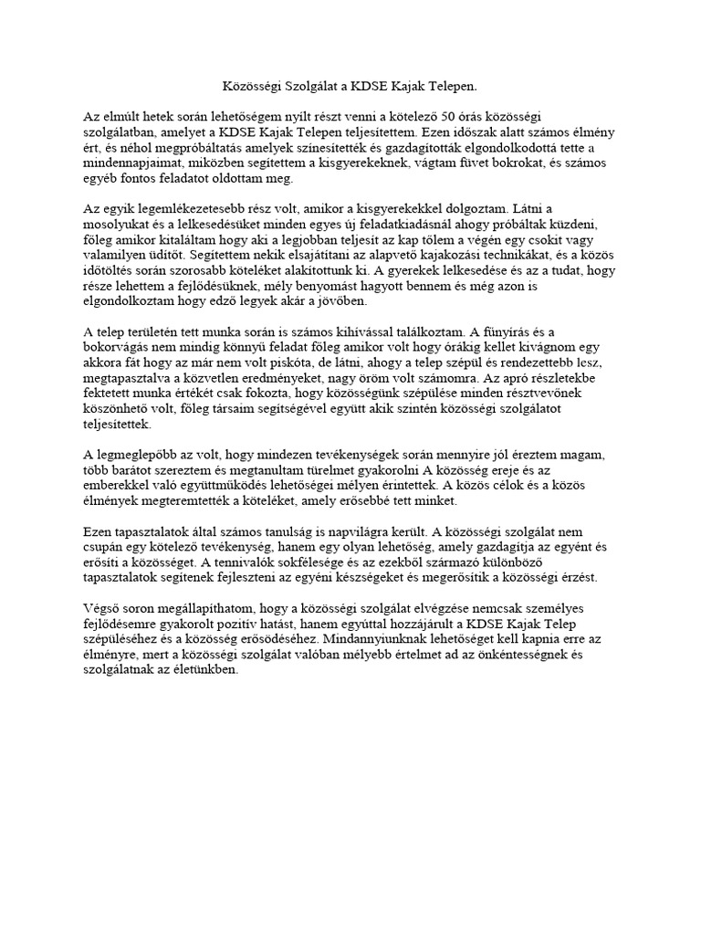 Közösségi Szolgálat A KDSE Kajak Telepen | PDF Közösségi Szolgálat A KDSE Kajak Telepen | PDF