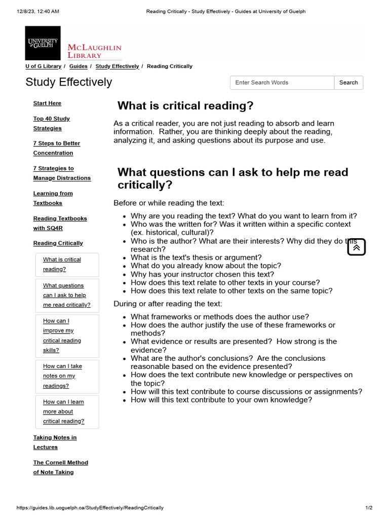 Reading Critically - Study Effectively - Guides at University of Guelph | PDF | Cognition ...