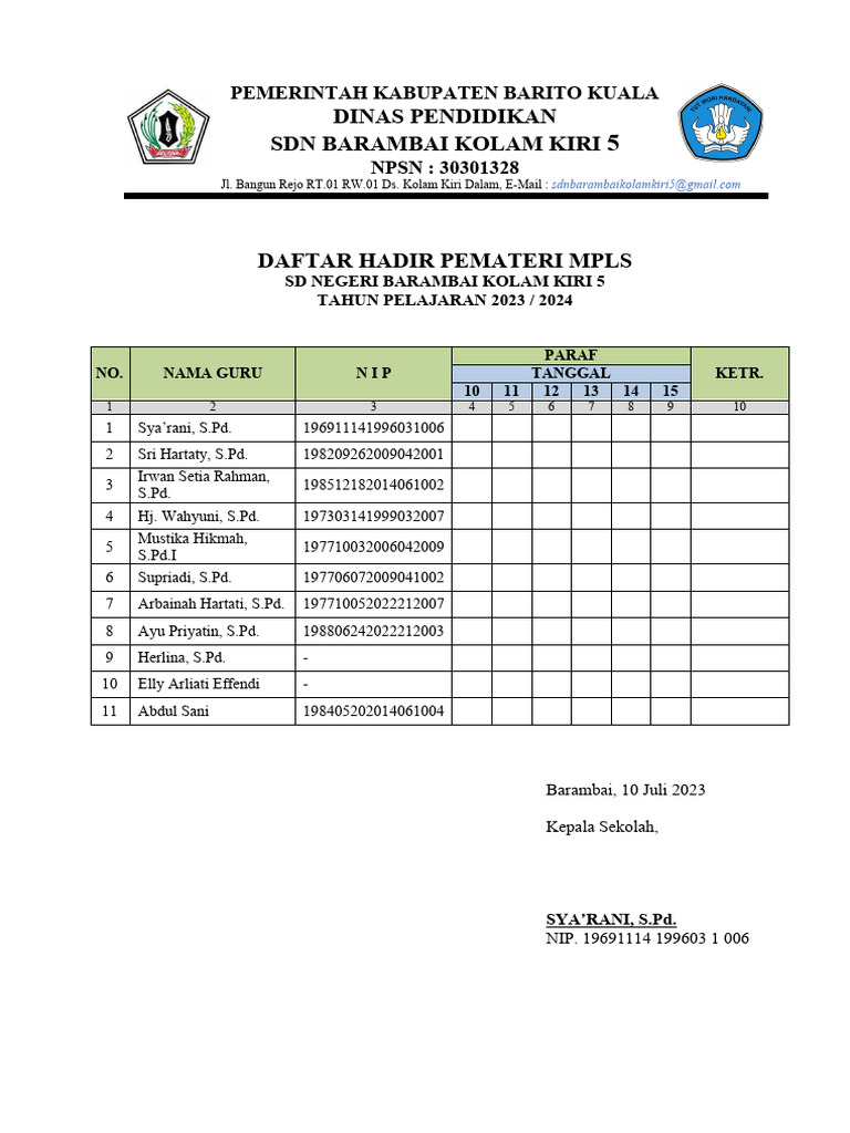 Daftar Hadir Pemateri MPLS TP 2023-2024 SDN BKK.5 | PDF
