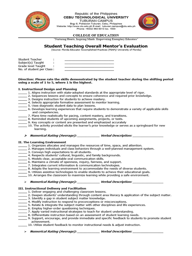 Student Teacher Evaluation Form | PDF | Educational Assessment ...