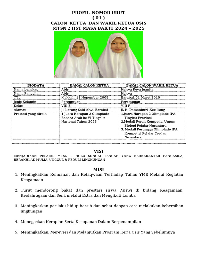 5 PROFIL & VISI MISI CALON KETUA DAN WAKIL KETUA OSIS MTSN 2 HST TAHUN ...