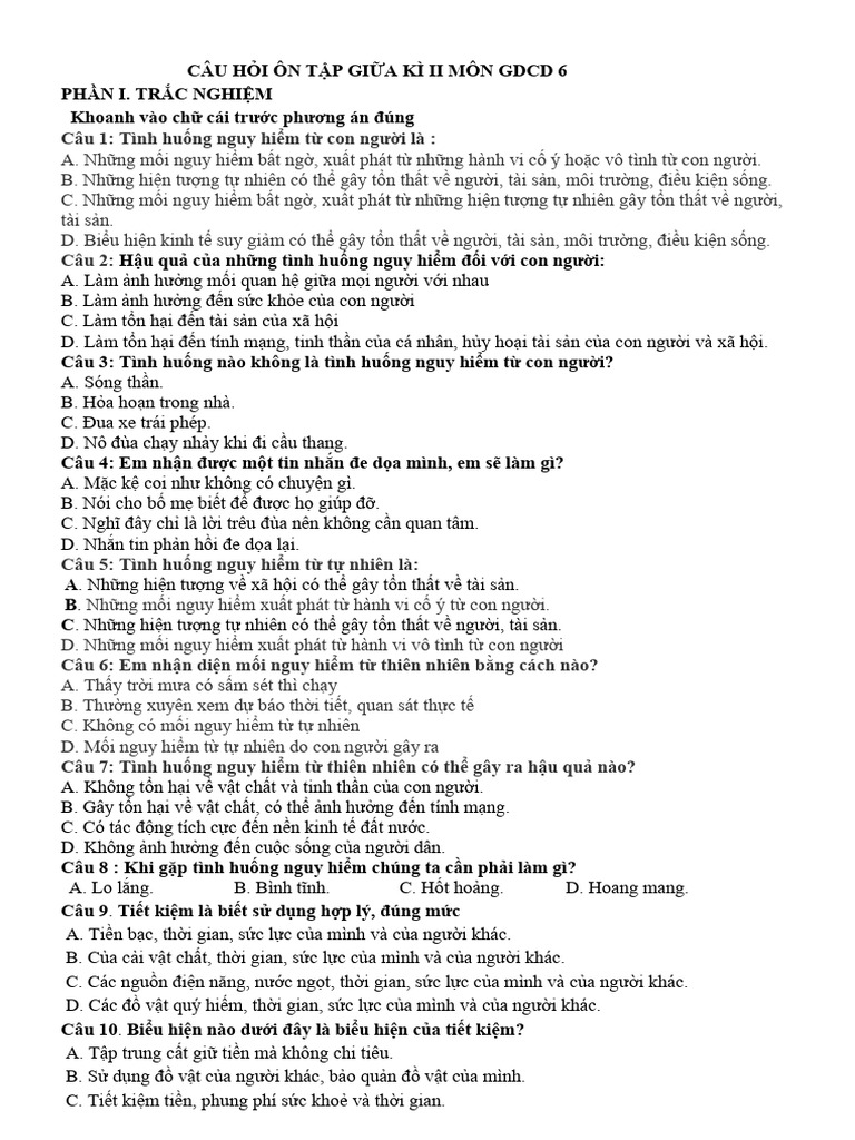 Câu Hỏi Ôn Tập Giữa Kì II Môn Gdcd 6 | PDF