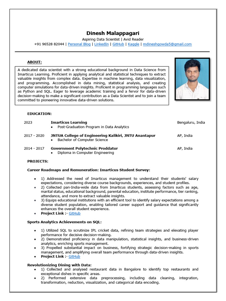 Dinesh Resume For Data Analyst | PDF | Data Science | Data