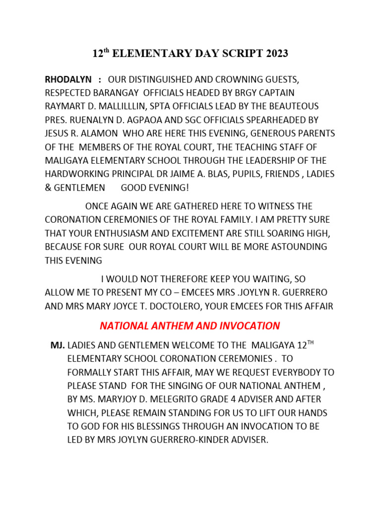 12th ELEMENTARY DAY SCRIPT 2023 | PDF | Monarchy