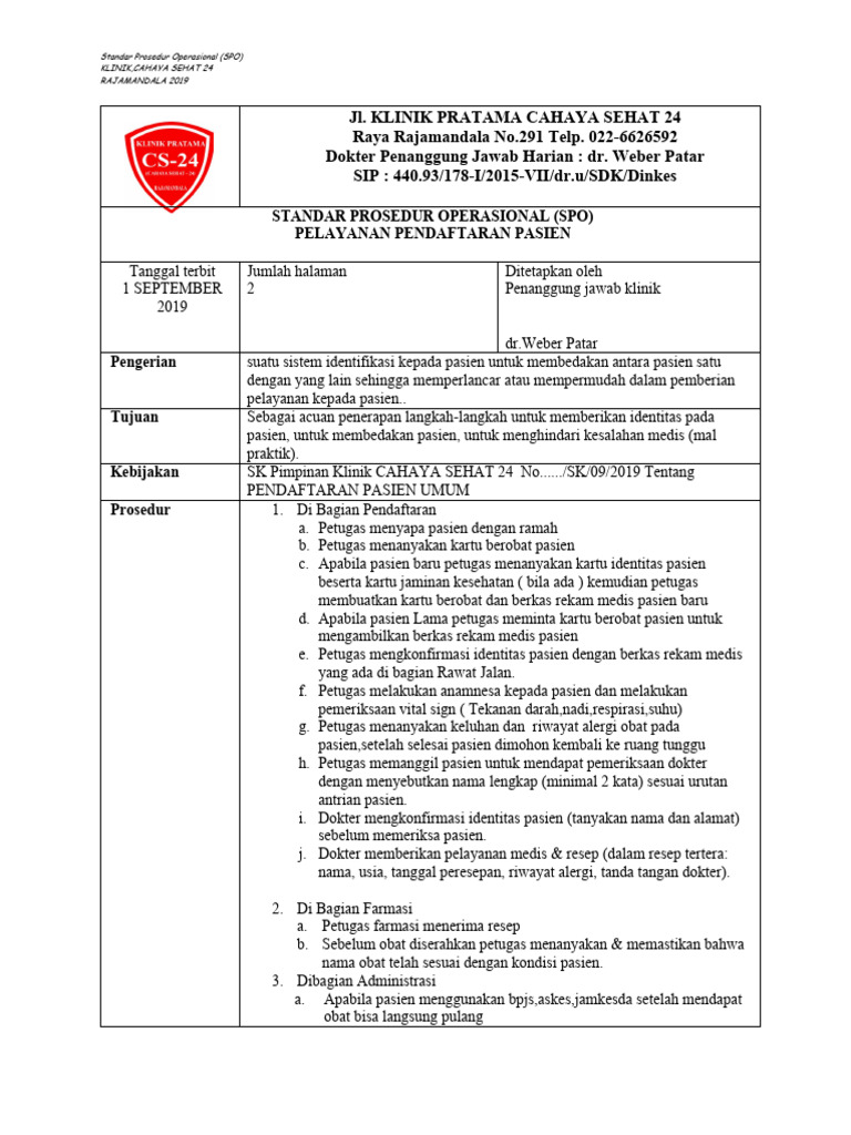Sop Pendaftaran Pasien Baru Lama | PDF
