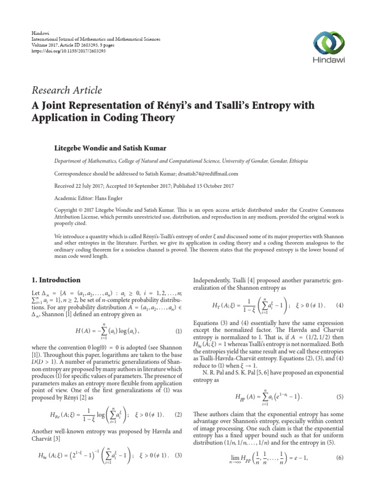 A Joint Representation of Rényi's and Tsalli's Entropy With Application in Coding Theory - 2017 ...