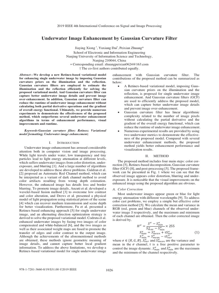 Underwater Image Enhancement by Gaussian Curvature Filter | PDF | Color | Mathematical Optimization