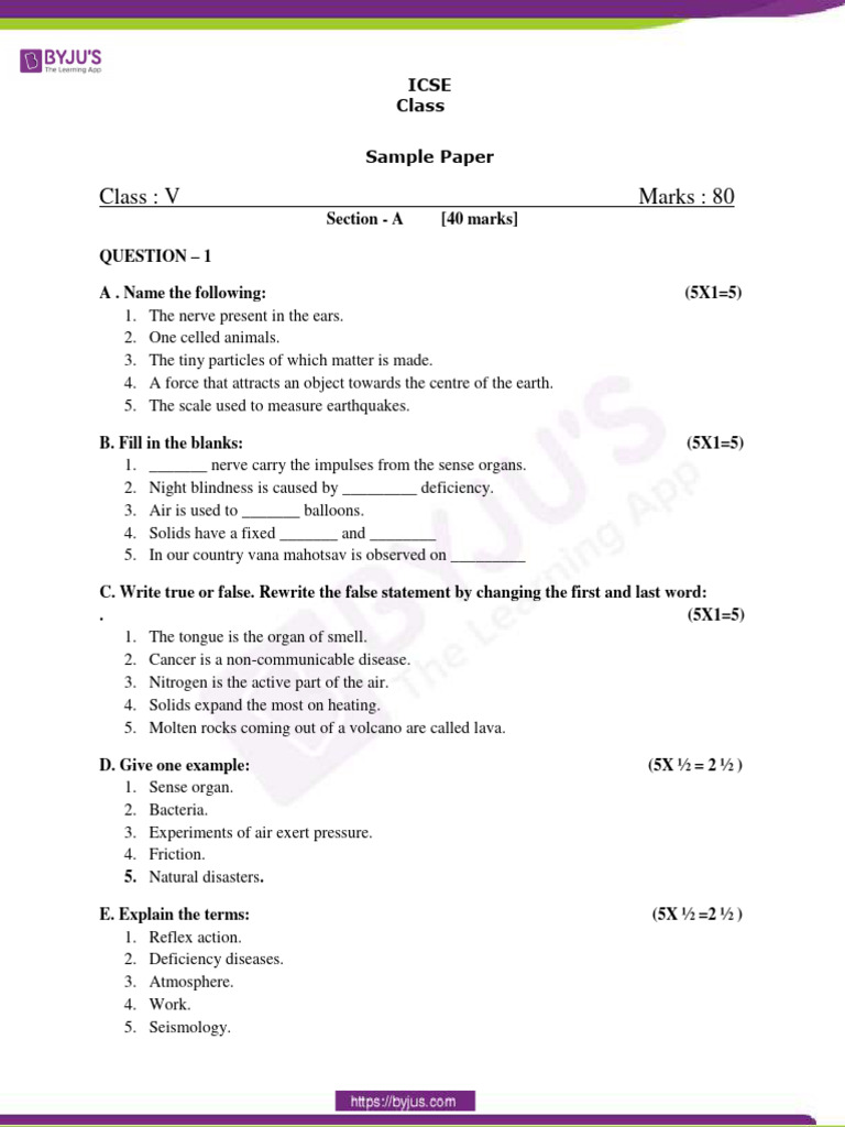 ICSE Class 5 Science Sample Paper | PDF | Force | Water Pollution