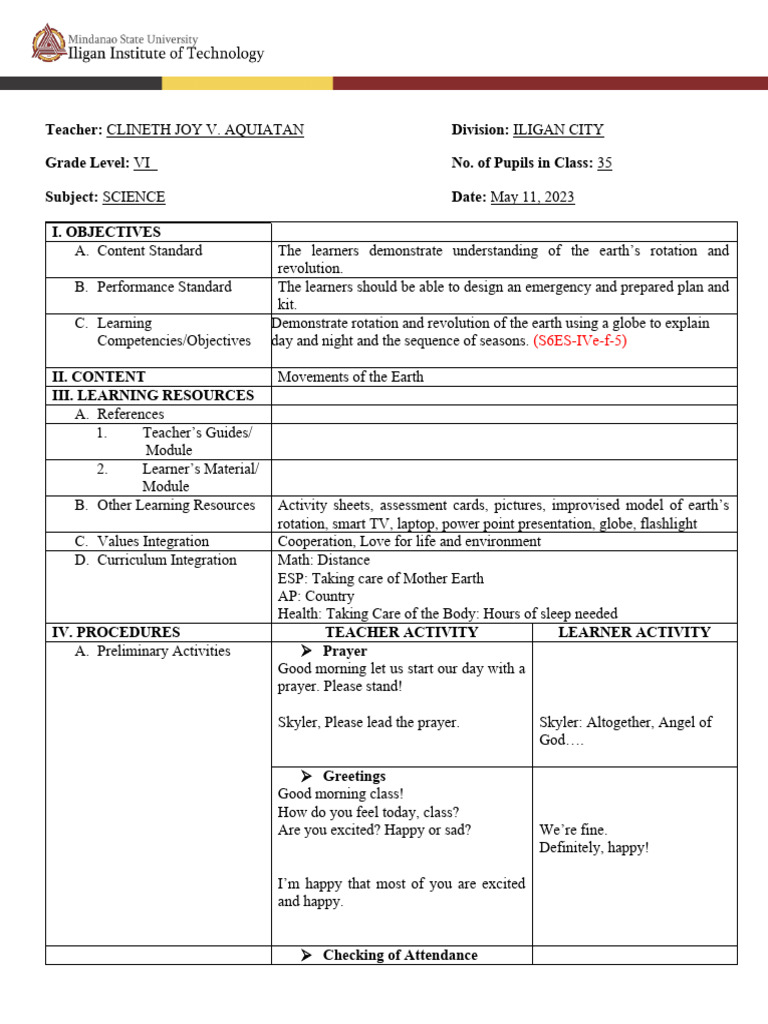DLP Science 6 Movements of The Earth MY | PDF | Night | Rotation