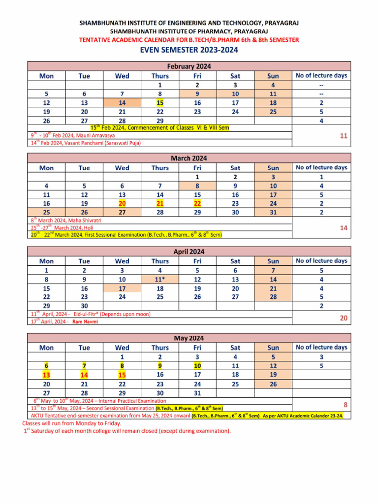Acad Cal AKTU Even 23-24 6th - 8th Sem | PDF