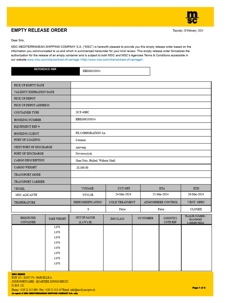 MSC Empty Release Order Details | PDF | Water Transport | Shipping