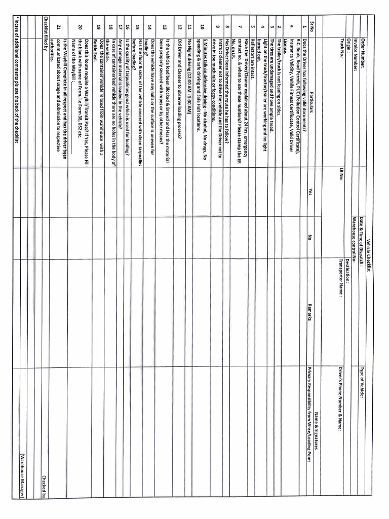 FMC Vehicle Checklist | PDF | Truck | Wheeled Vehicles