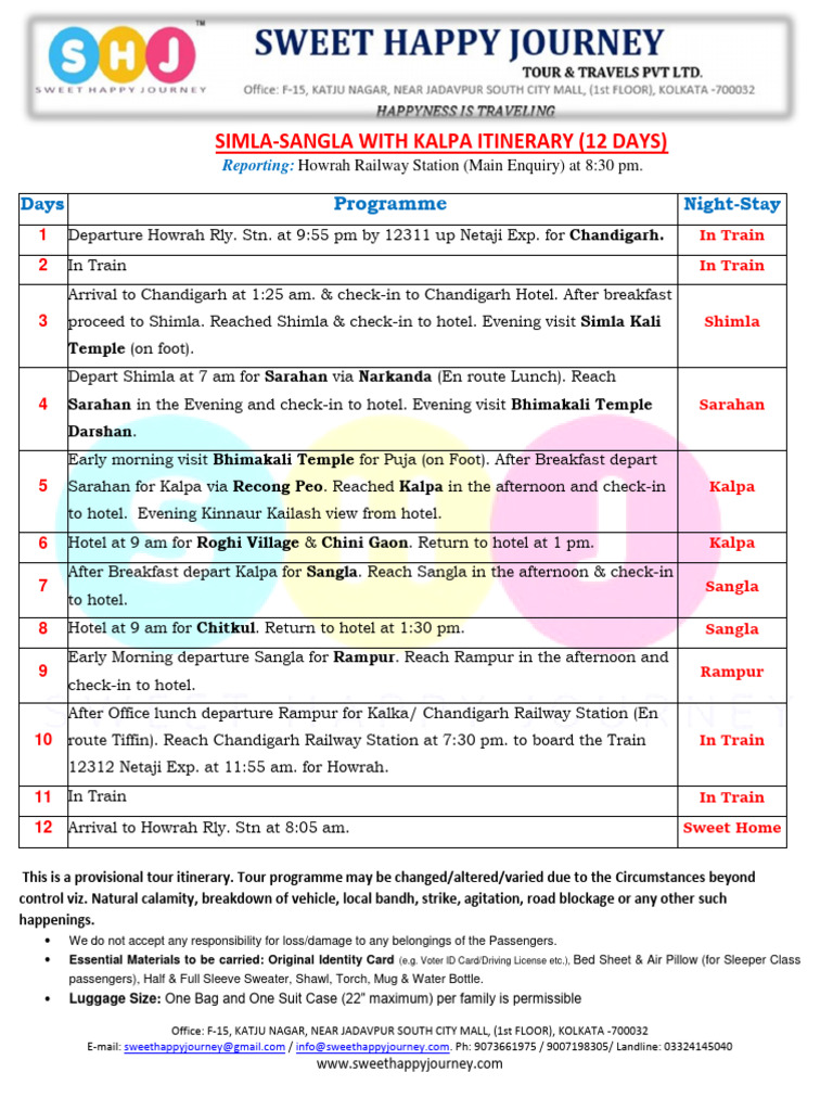 Simla-Sangla Kalpa Itinerary Guide | PDF