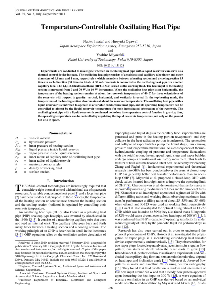 Temperature-Controllable Oscillating Heat Pipe | PDF | Heat | Liquids