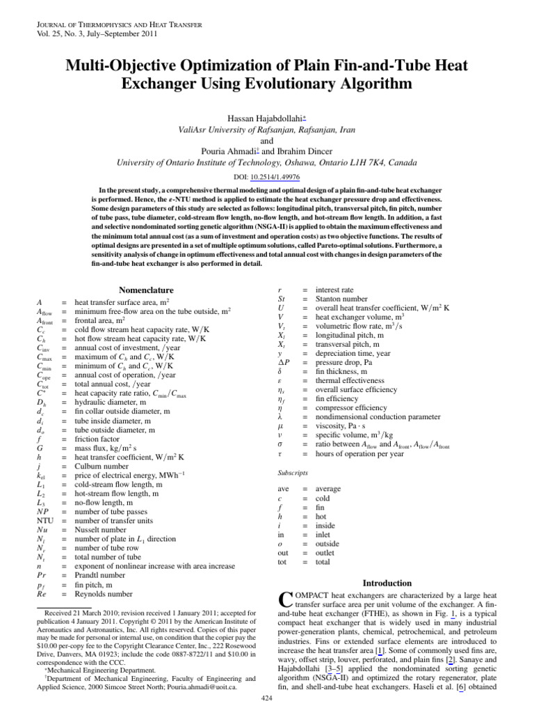 Multi-Objective Optimization of Plain Fin-and-Tube Heat Exchanger Using ... Multi-Objective Optimization of Plain Fin-and-Tube Heat Exchanger Using ...