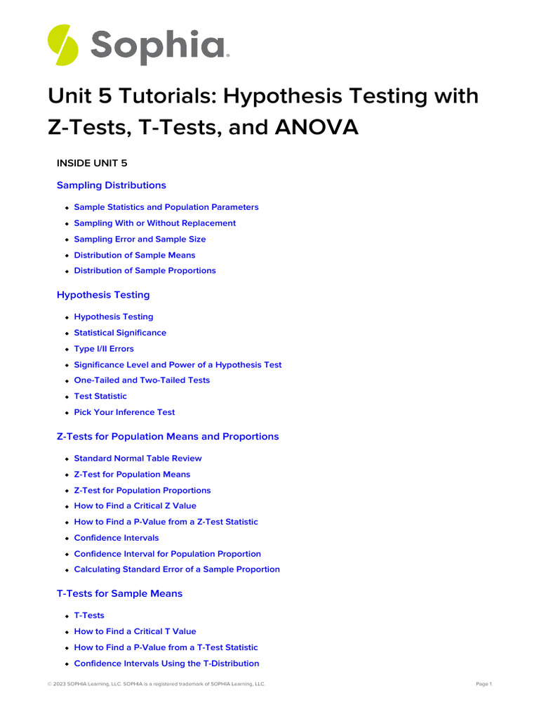Unit 5 Tutorials Hypothesis Testing With Z Tests T Tests And Anova Pdf Hypothesis