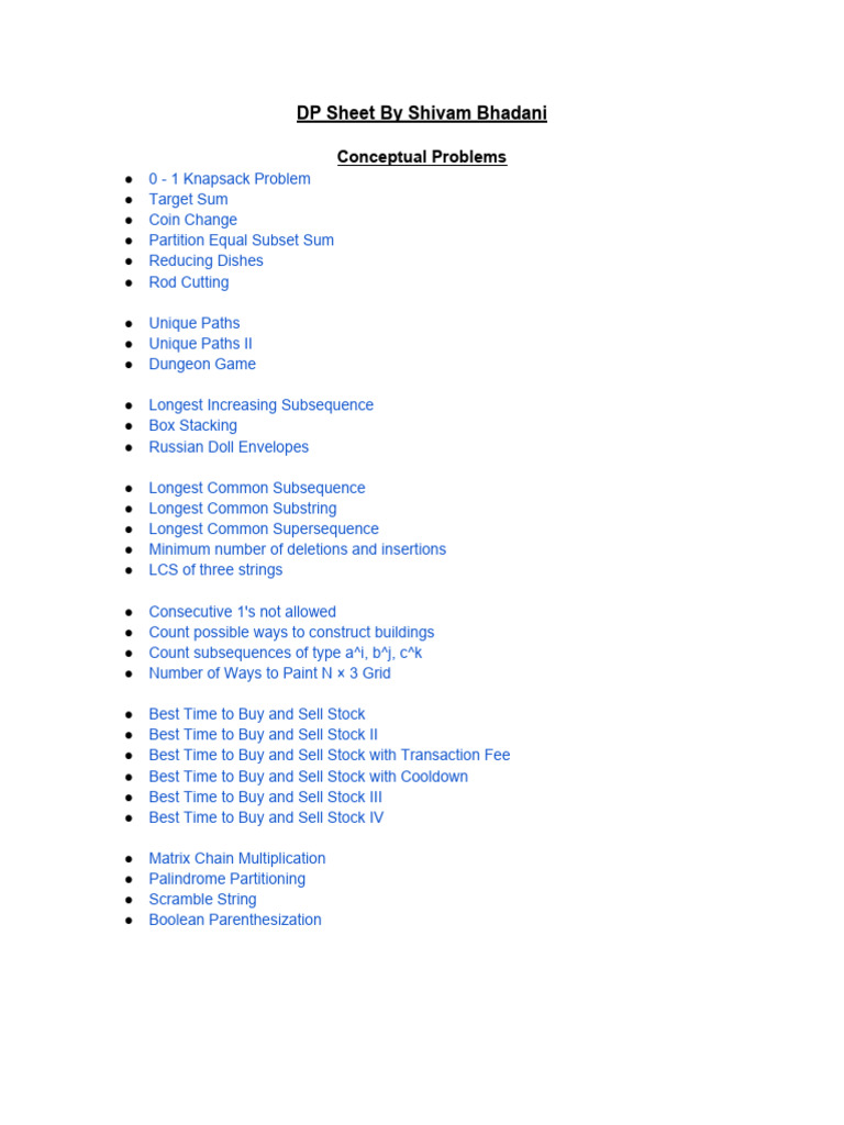 DP Sheet by Shivam Bhadani | PDF | Computational Complexity Theory | Computer Programming
