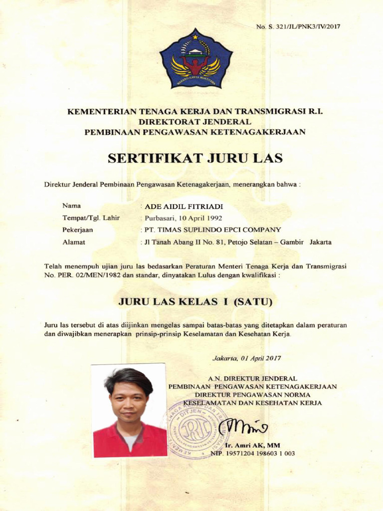 Sertifikat Juru Las - Ade Aidil Fitriadi | PDF
