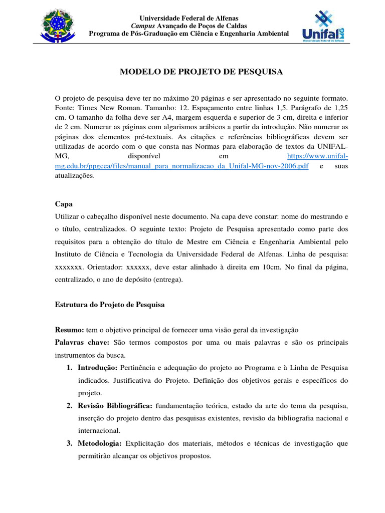 Modelo Projeto Pesquisa 2019 Pdf Science Engenharia
