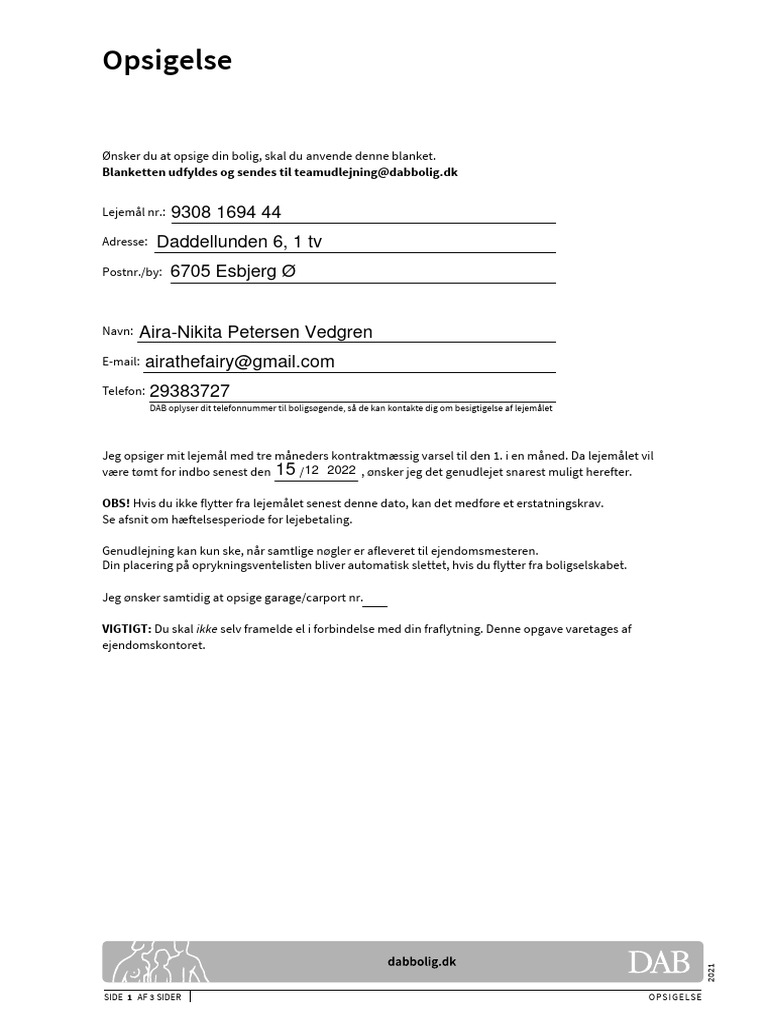 Opsigelse Daddellunden 6, 1tv | PDF