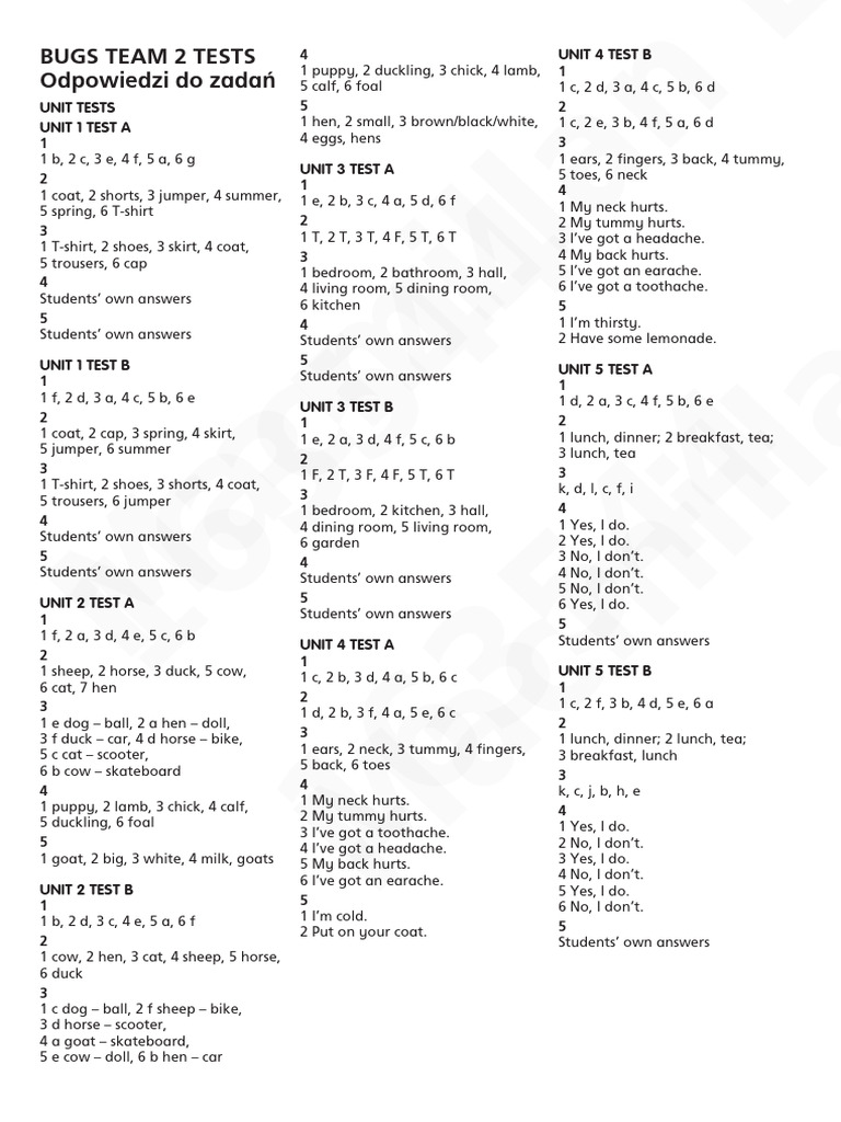 Bugs Team 2 Tests Klucz Odpowiedzi | PDF
