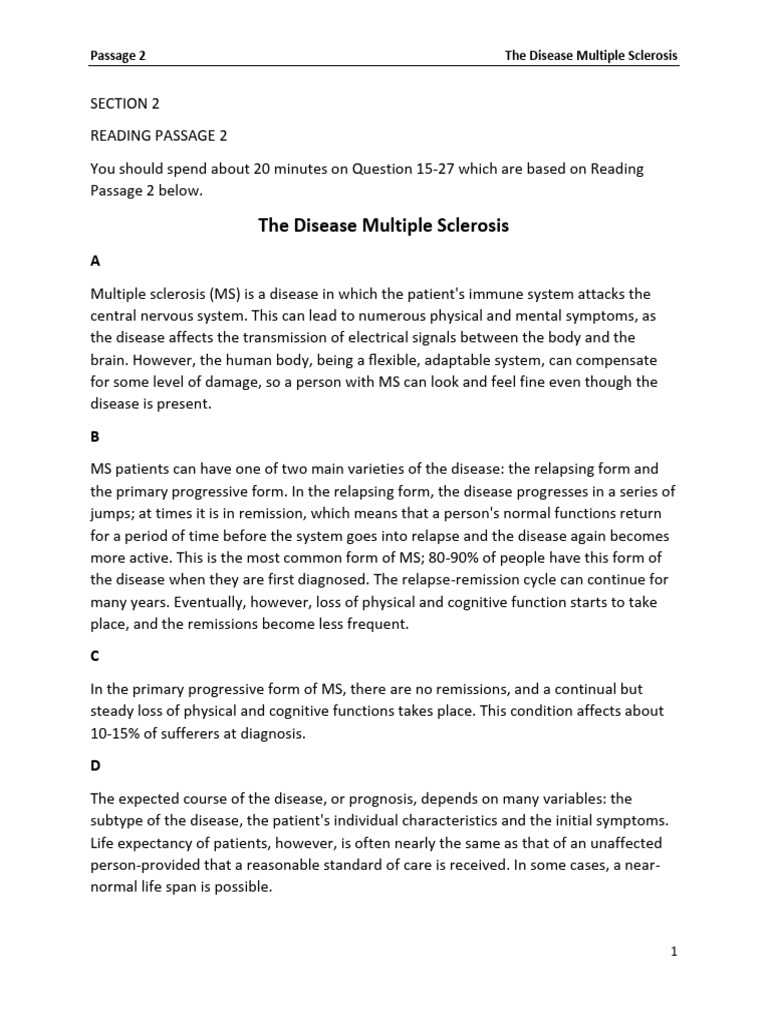 77 Passage 2 - The Disease Multiple Sclerosis Q15-27 | PDF | Multiple Sclerosis | Medical ...