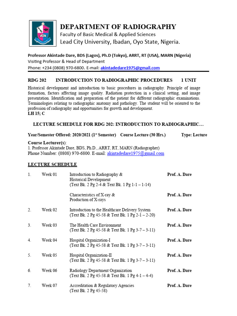 RDG 202-Introduction To Radiographc..LECTURE SCHEDULE | PDF ...