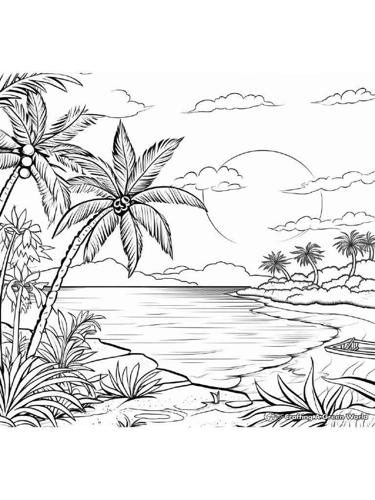 Tropical Island Sunset Coloring Page 2 | PDF
