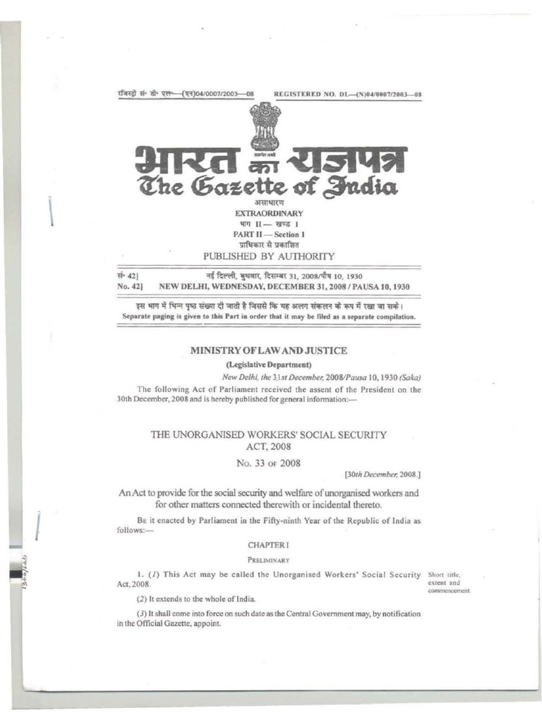 Unorganised Workers' Social Security Act 2008 | PDF | Welfare | Economies